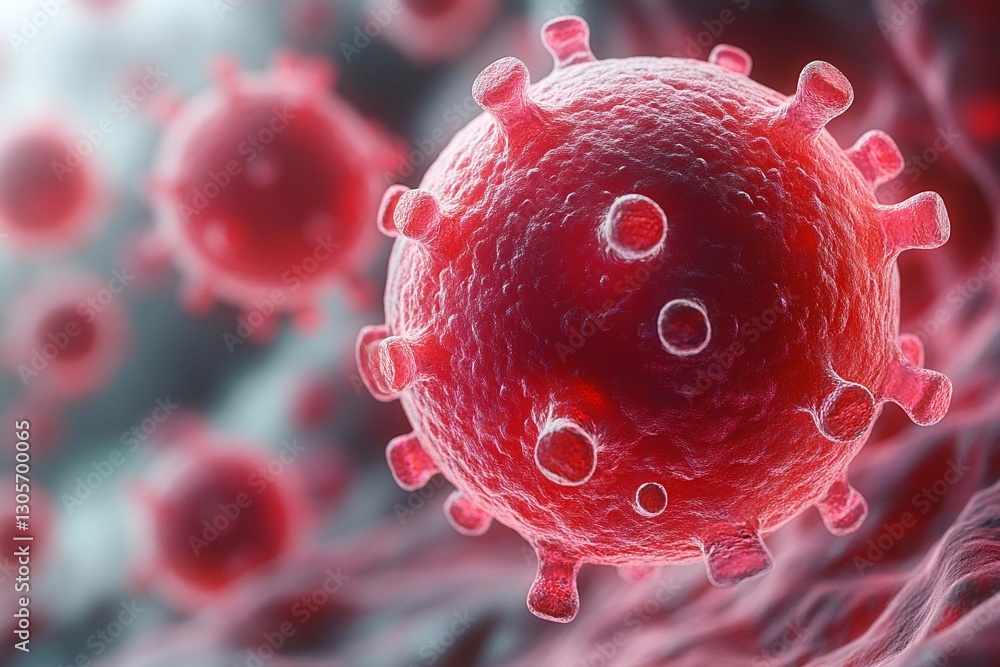 Microscopic view of a red virus structure with detailed features and ...