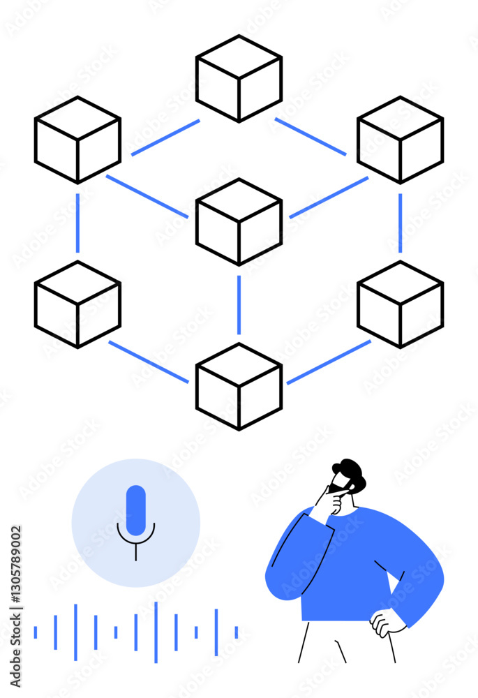 Blockchain diagram with interconnected cubes, man thoughtfully ...