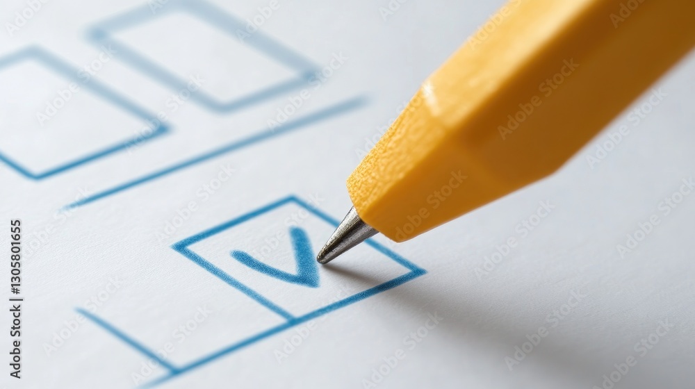 Checkmark on a final quality assurance document, indicating product ...