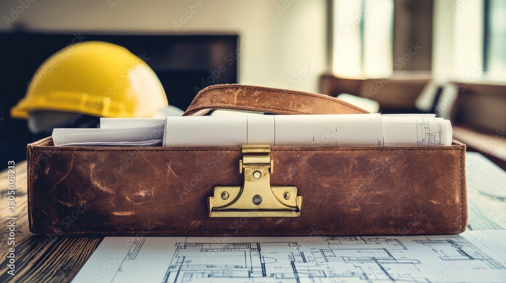 Contractor's briefcase open with site blueprints, safety forms, and a ...