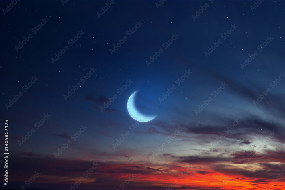 Islamic night sunset with a view of the crescent moon. Hilal and Eid at ...