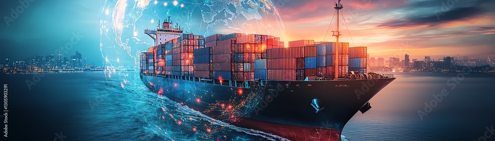 Container ship navigating a digital globe with vibrant shipping ...