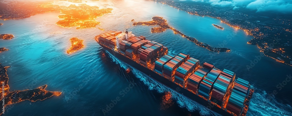 Digital map of the world with a container ship moving across, brightly ...