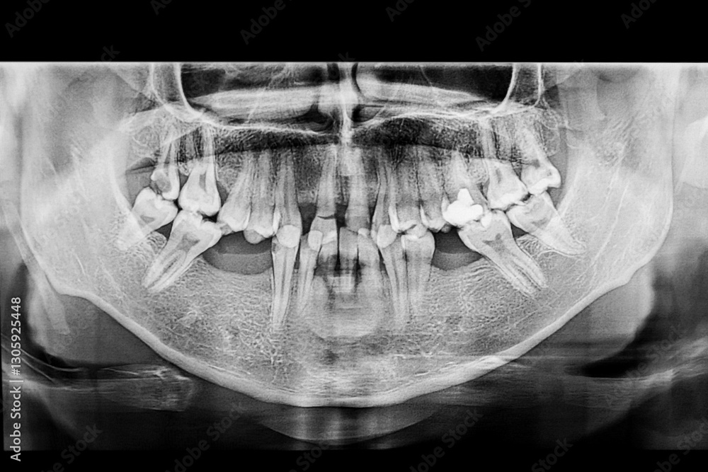 Dental panoramic x-ray of a patient biting teeth showing missing lower ...
