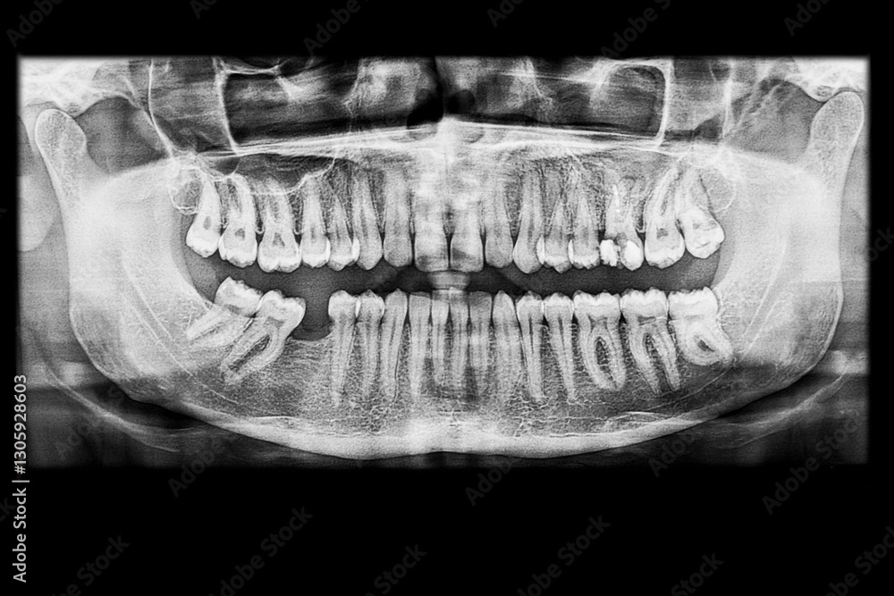 Dental panoramic x-ray of an adult showing a missing lower molar and a ...