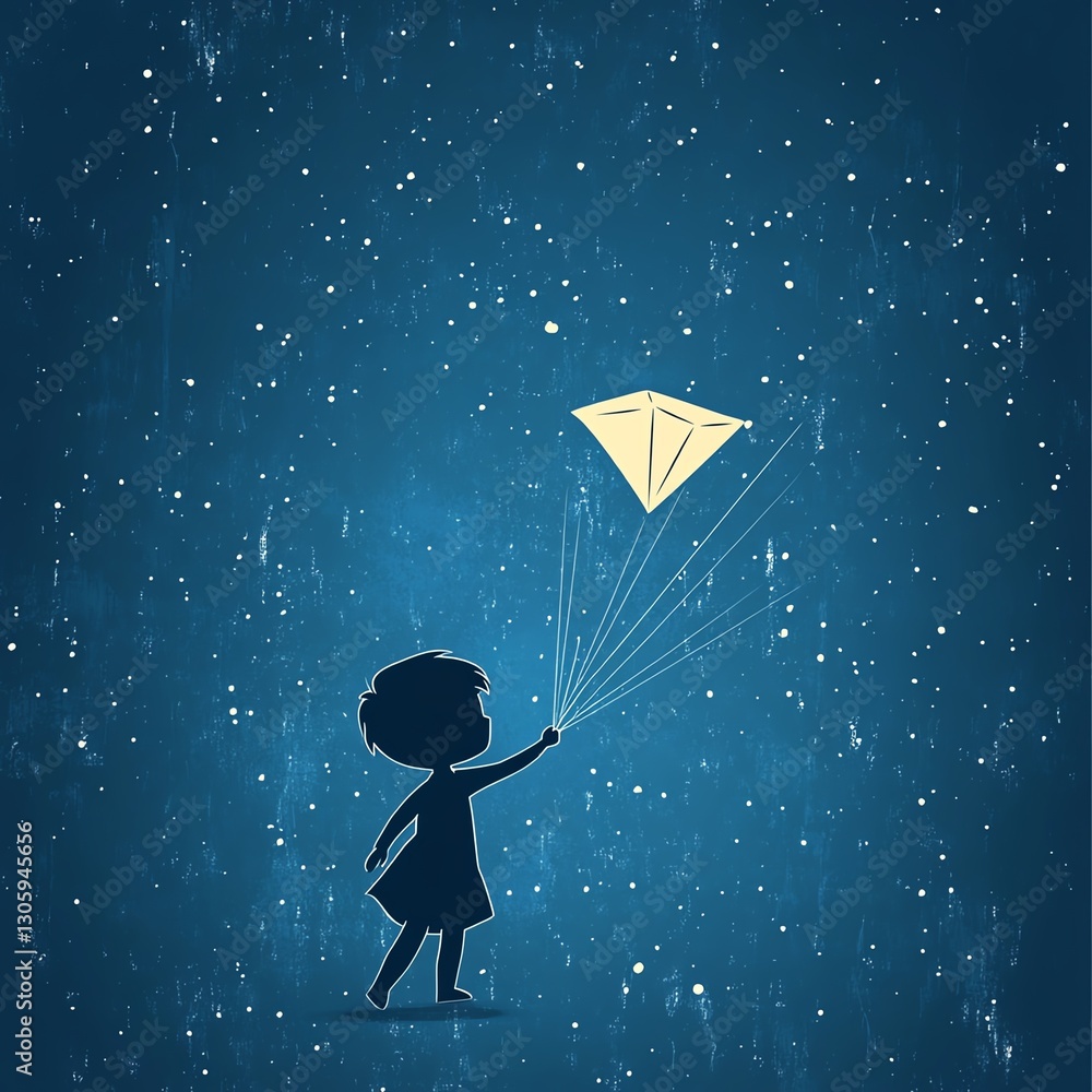Chibi kite flyer silhouette, flying against a glossy blue background ...