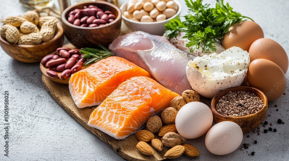 High-Protein Food Composition Salmon, Chicken, Eggs, Nuts and Legumes ...