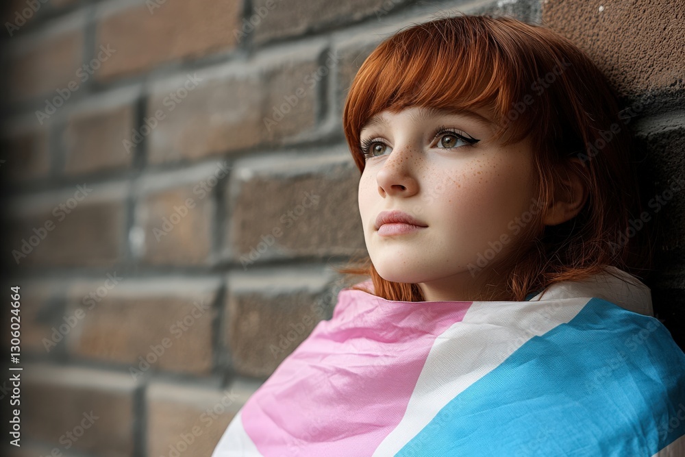 A Thoughtful Transgender Teenage Girl Wrapped in a Trans Pride Flag ...