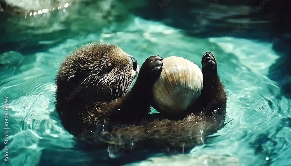 Playful sea otter pup holding a shell in water tank. Possible use for ...
