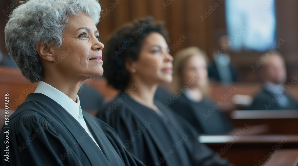 Mature woman judge with gray hair in black robe presiding over ...