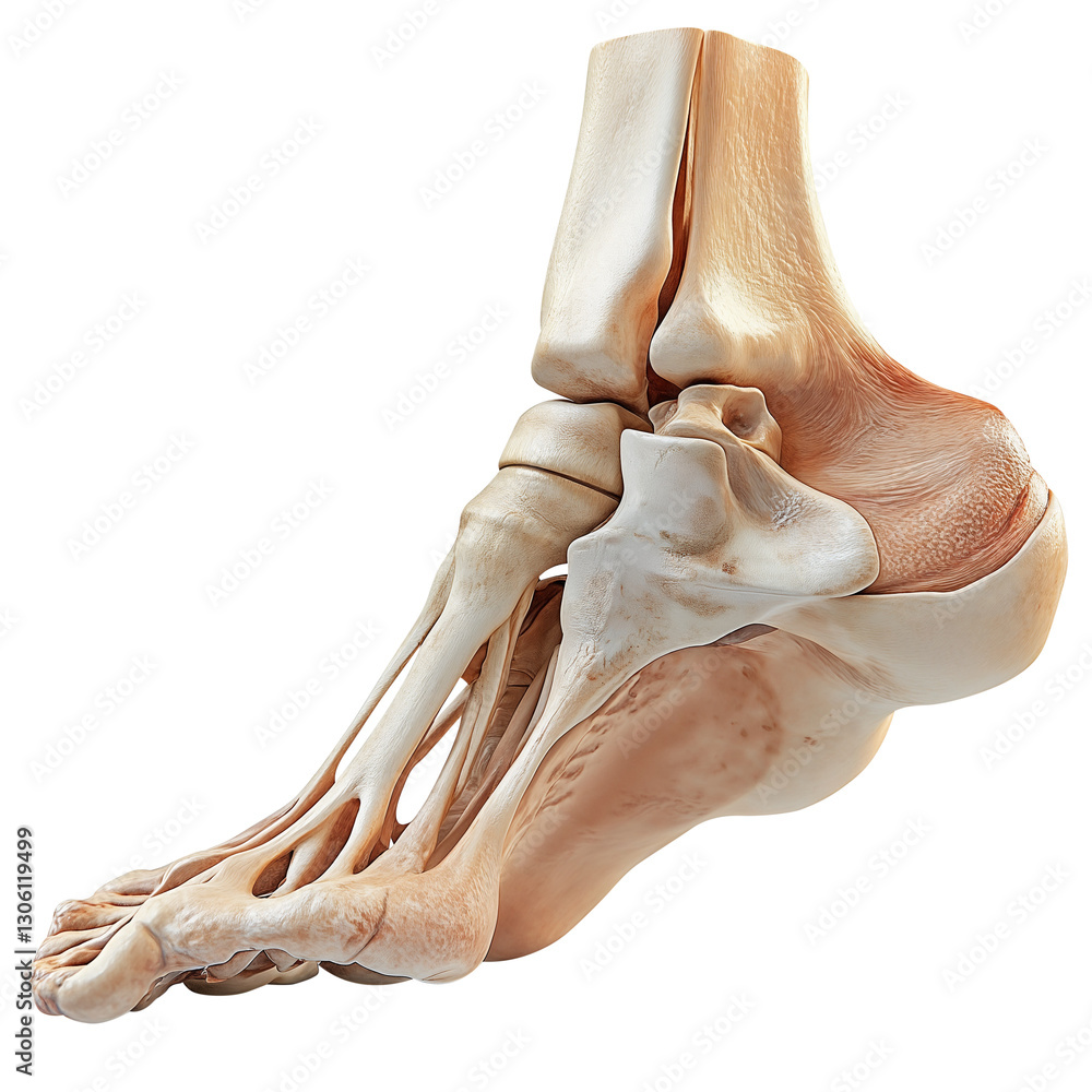 Anatomical illustration of human foot showing bones, tendons, and ...