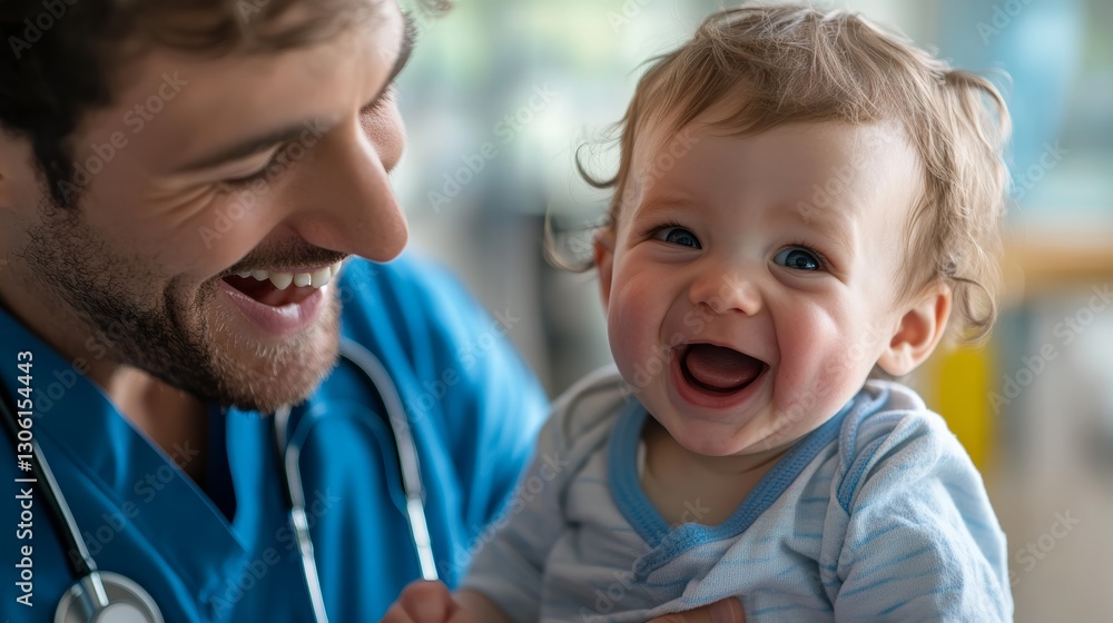 Стоковое фото «A joyful doctor is smiling at a happy baby, showcasing a ...