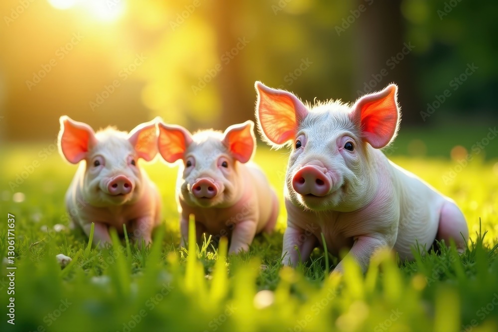 Happy potbellied pigs basking in sun-drenched pasture, blossom, animal ...