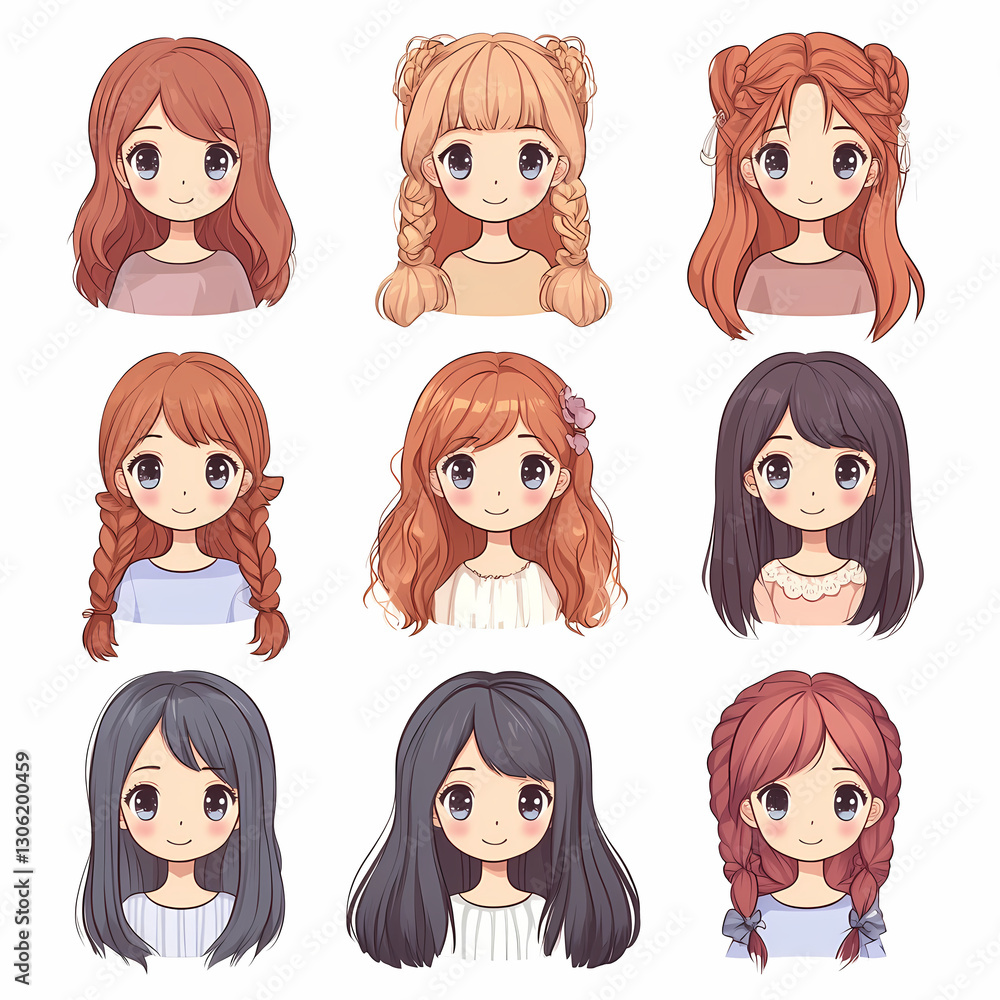 Cute cartoon characters with different hairstyles and hair colors ...