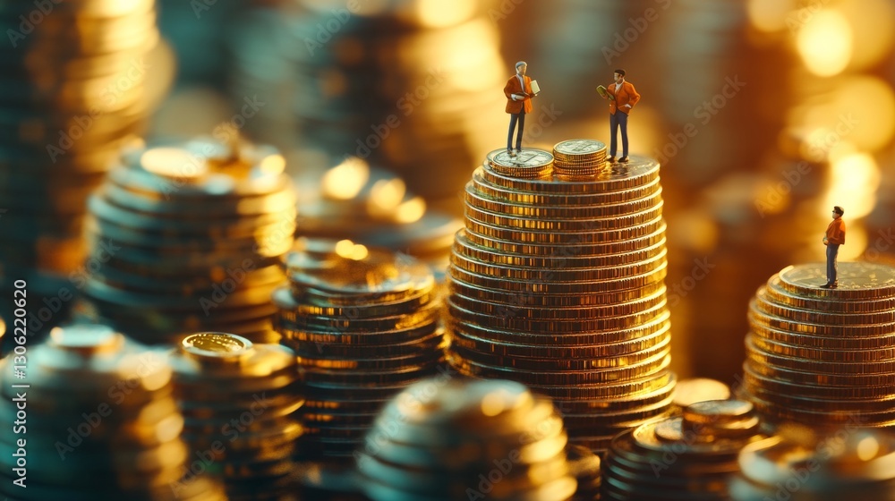 Miniature figures stand on stacks of coins social inequality. Different ...