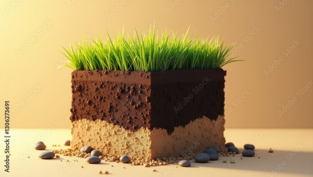 cross-sectioned landscape with soil, mud, and field exposed, cubical ...