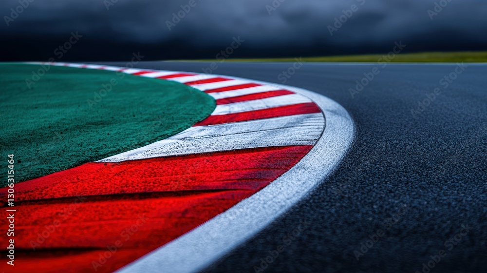 Racing Track Curve with Green Infield and Dark Stormy Sky Scene on a ...