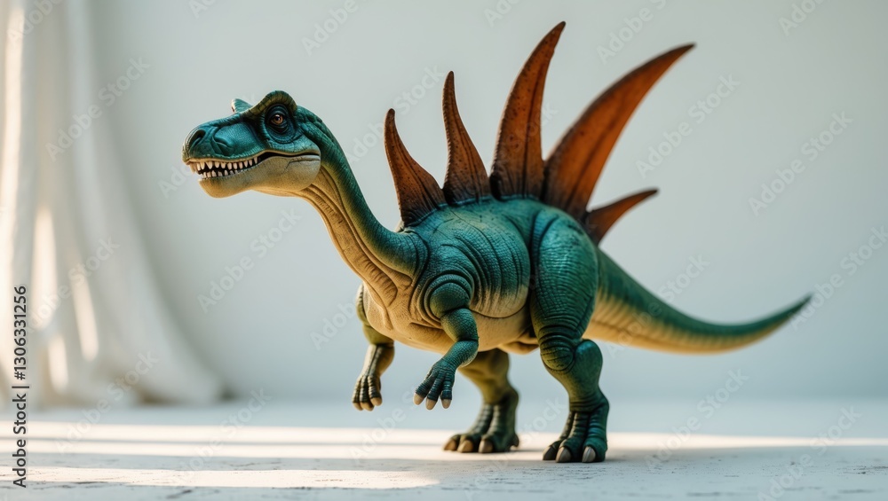 Spinosaurus dinosaur figure on a light backdrop. The large, carnivorous Spinosaurus is depicted ...