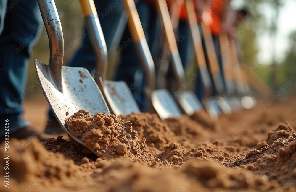 Team start new construction project. Group shovels turn dirt at ...
