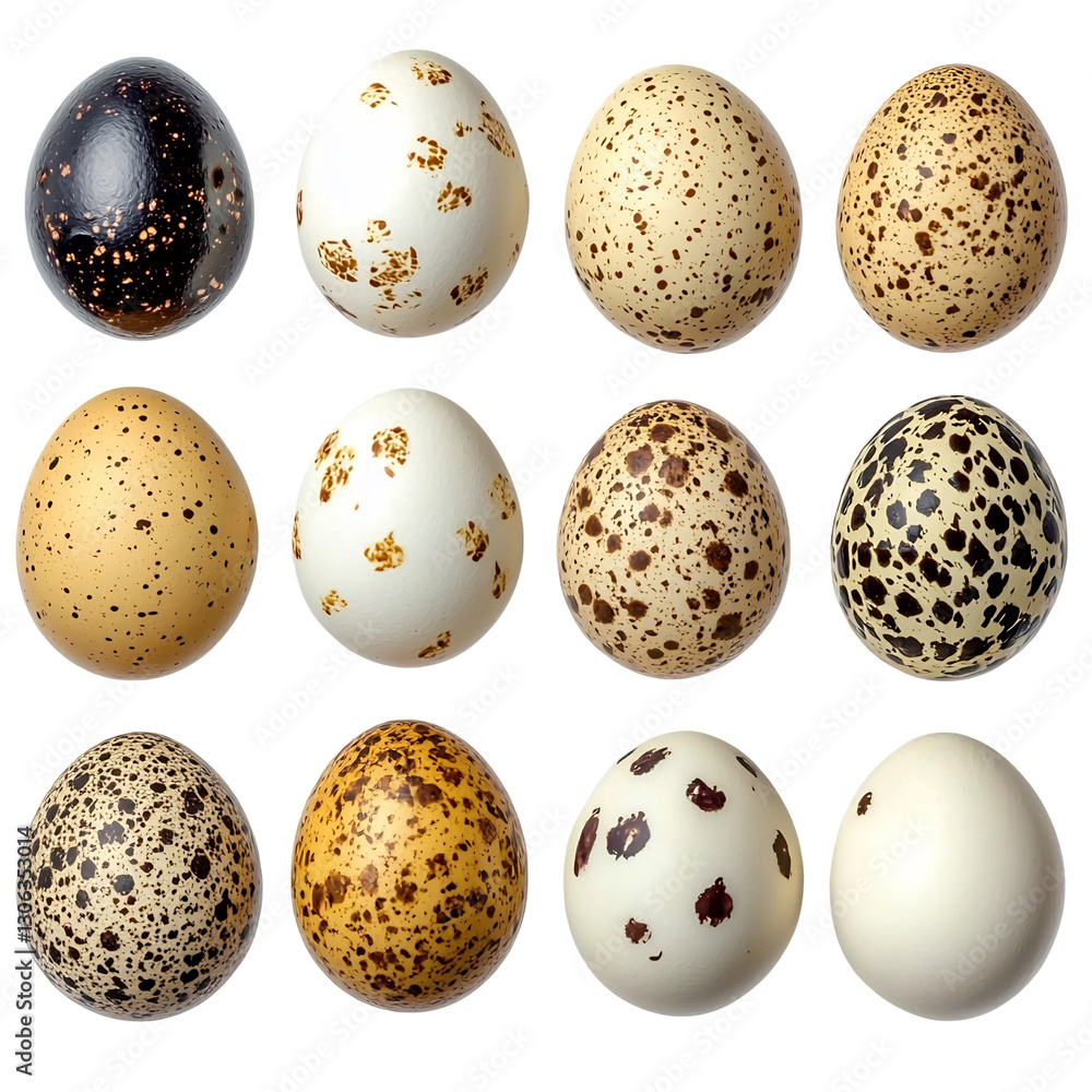 collection of bird eggs with speckled patterns on white background ...