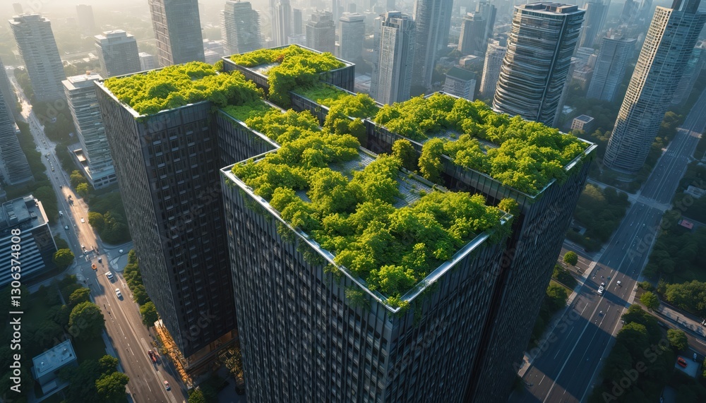 Bird-eye view of green eco building with trees and plants on roof ...