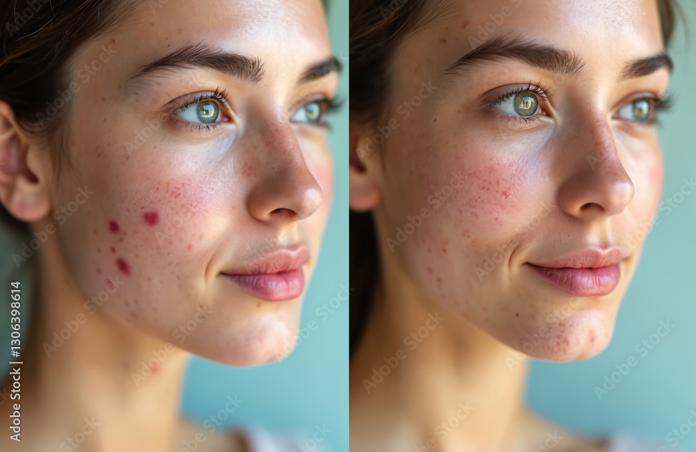 Side-by-side comparison of young woman skin before, after acne ...