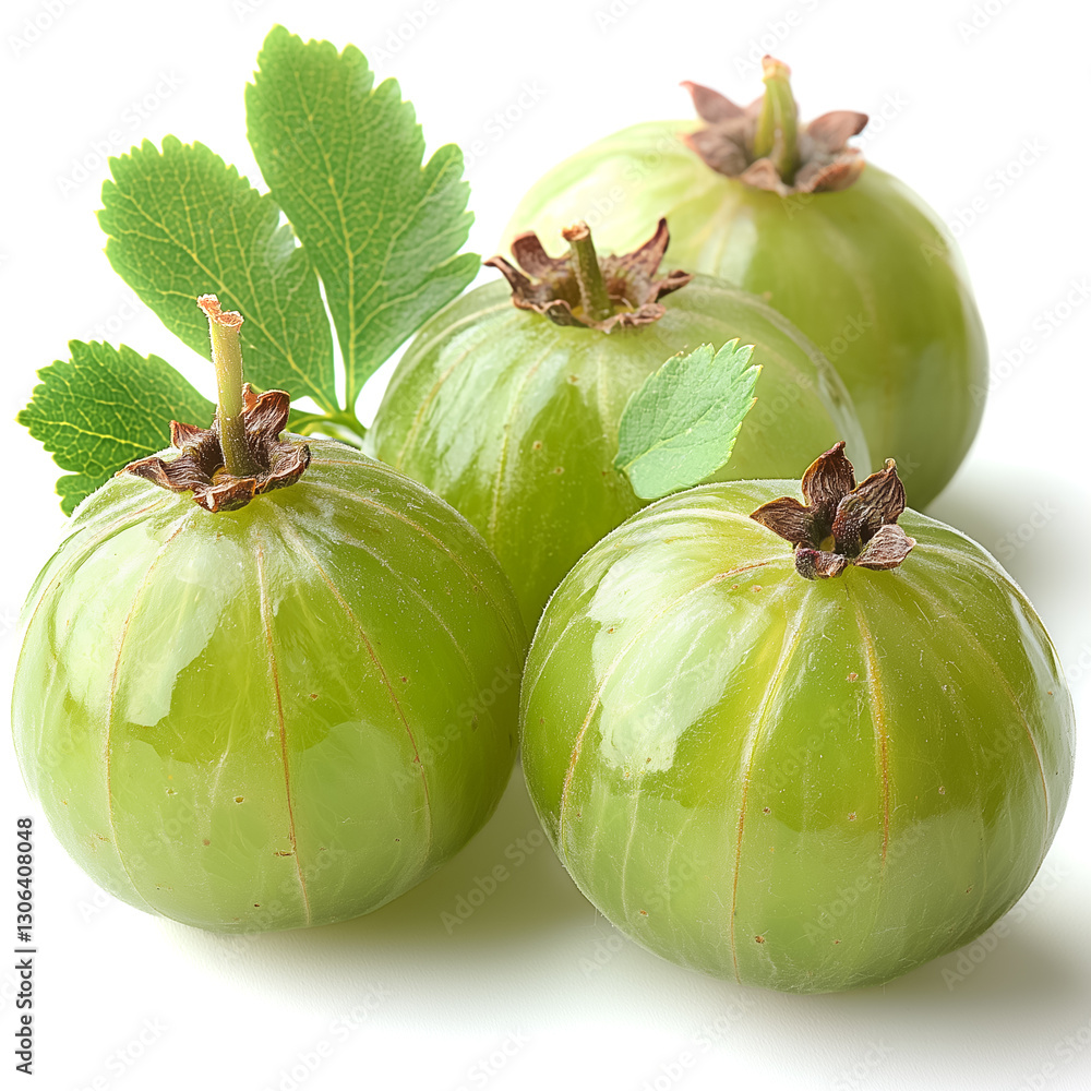 Four whole green gooseberries with their vibrant color and subtle ...