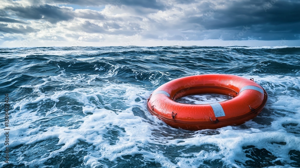 Life preserver in stormy sea symbolizes financial aid as emergency help ...