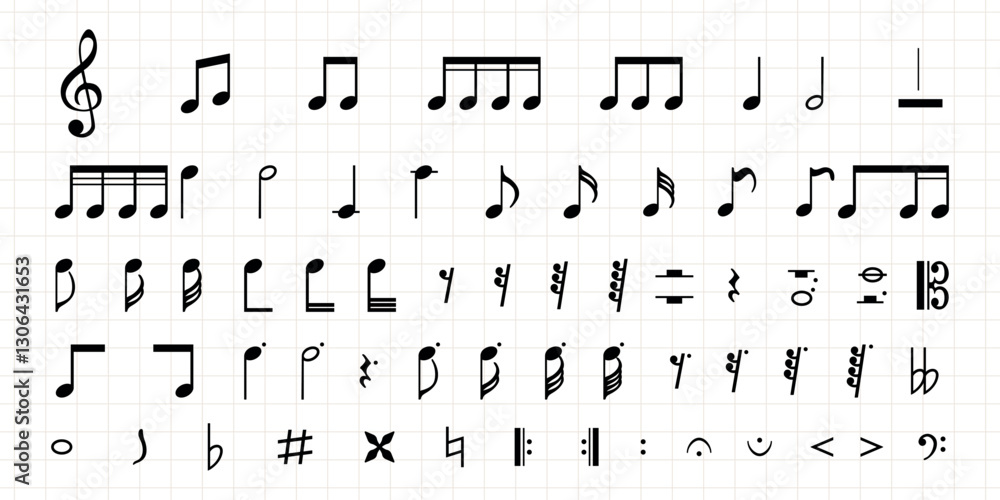 Sheet with various music notes and symbols. Music notes, symbols, and ...