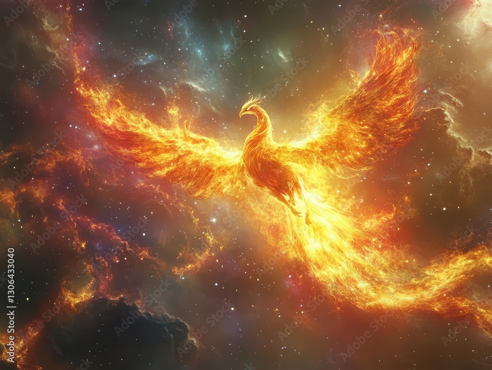 Illustrate a mythical phoenix of vibrant flames and cosmic dust, soaring amidst a stars collapse ...