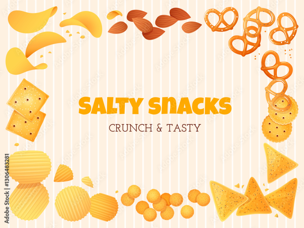 Cartoon snacks frame. Dry crunchy food, salty crackers, chips and ...