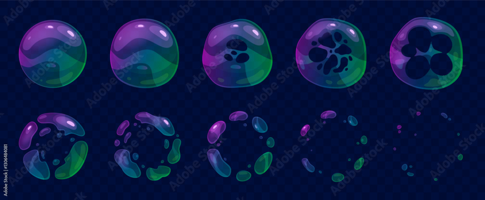 Cartoon burst soap bubble animations. Frame by frame effect, air ...