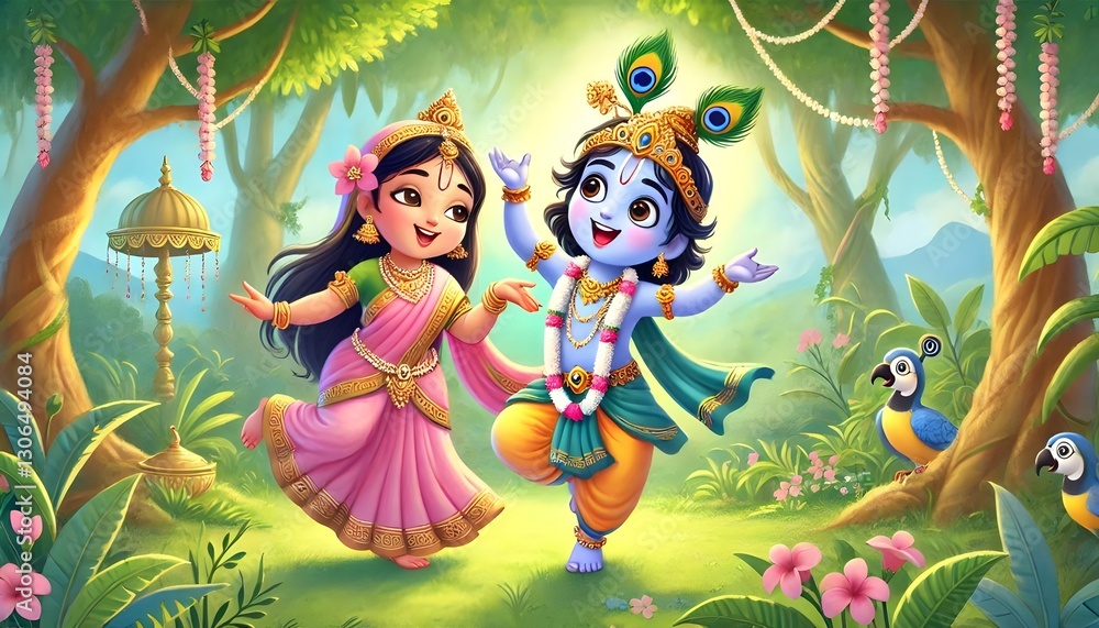 Little Krishna and Radha's Joyful Dance in the Enchanted Jungle Stock ...