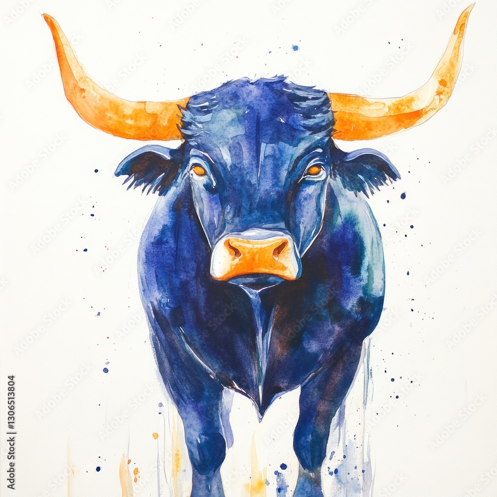 Watercolor painting of a majestic blue longhorn bull, front view, with ...