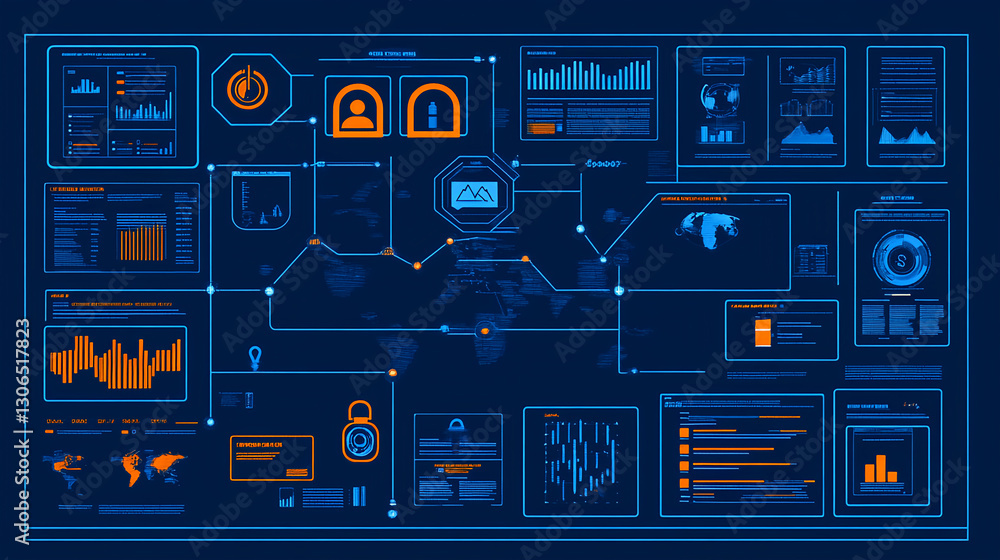 Data analytics dashboard overview digital workspace visualization dark mode high-tech data ...