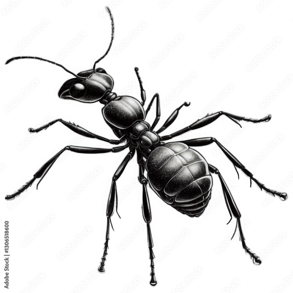 Black ant illustration, standing position, full body view. Shiny insect ...