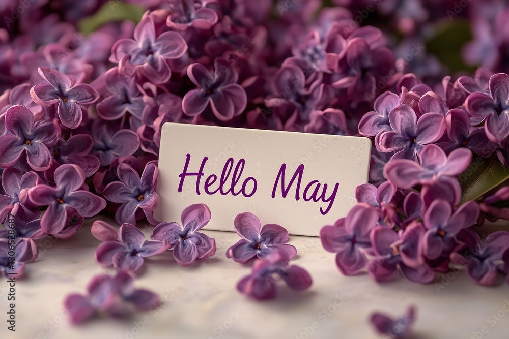 Hello May background with inscription cutout of lilac flower`s branch ...