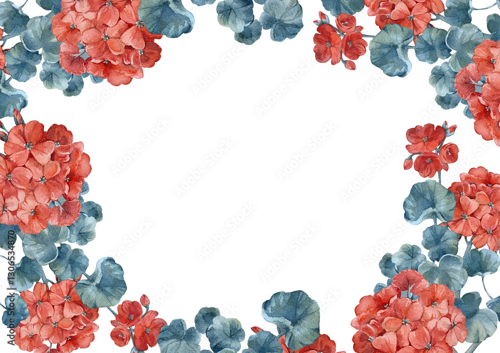 Stock-Illustration „Watercolor frame with hand drawn red geranium ...