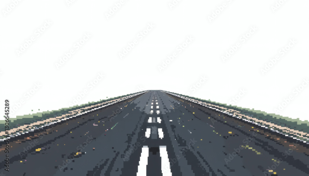 Pixelated 8-bit road with bold lane markings and simplified asphalt ...