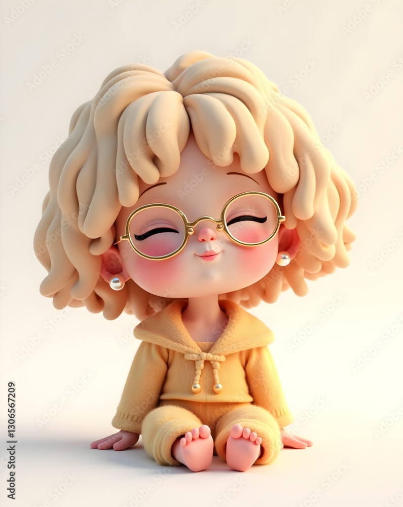 Adorable 3D-rendered chibi-style character with curly blonde hair ...