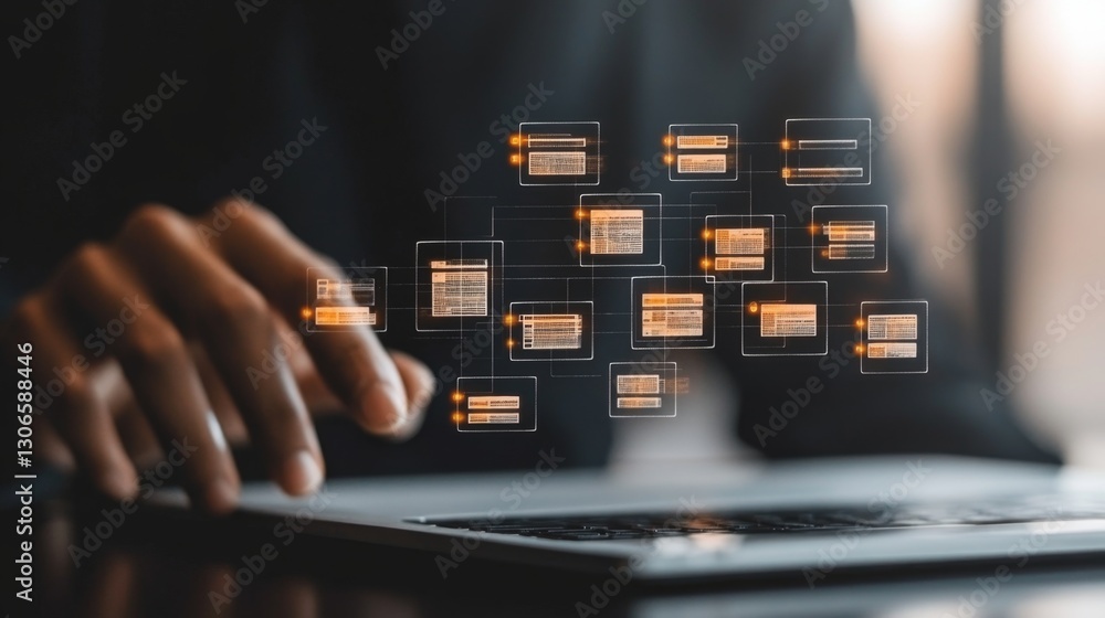 close up hand selecting business report from floating digital file ...