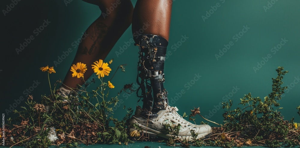 A dark background serves as the setting for a futuristic bionic leg ...