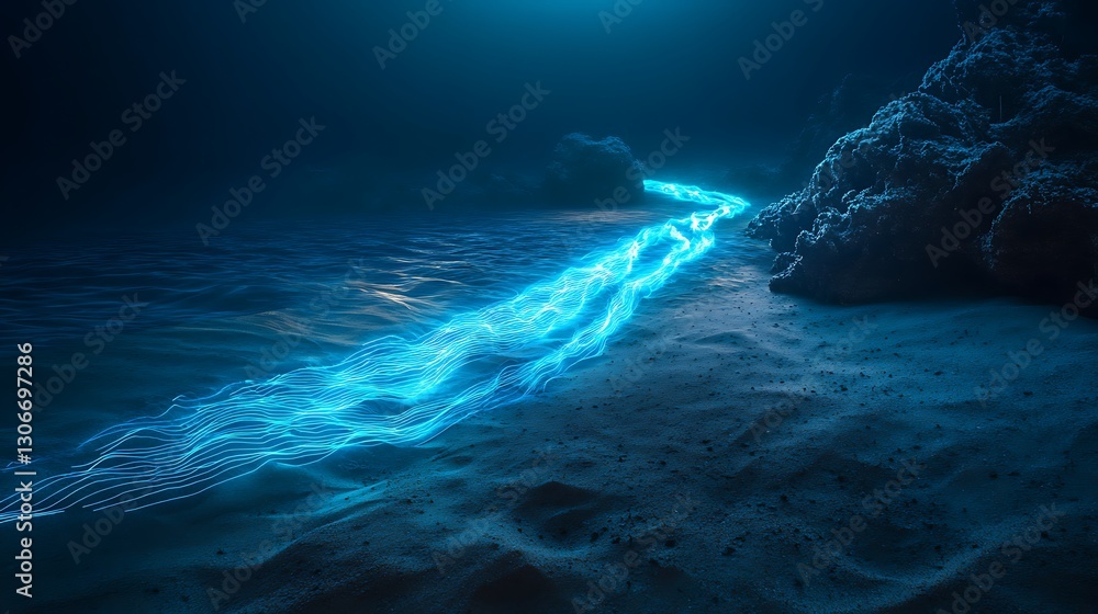 glowing underwater fiber optic cable casting bioluminescent light ...
