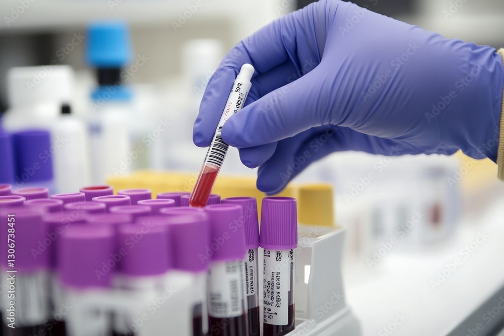 Gloved hand handling blood samples in medical laboratory Stock Photo ...