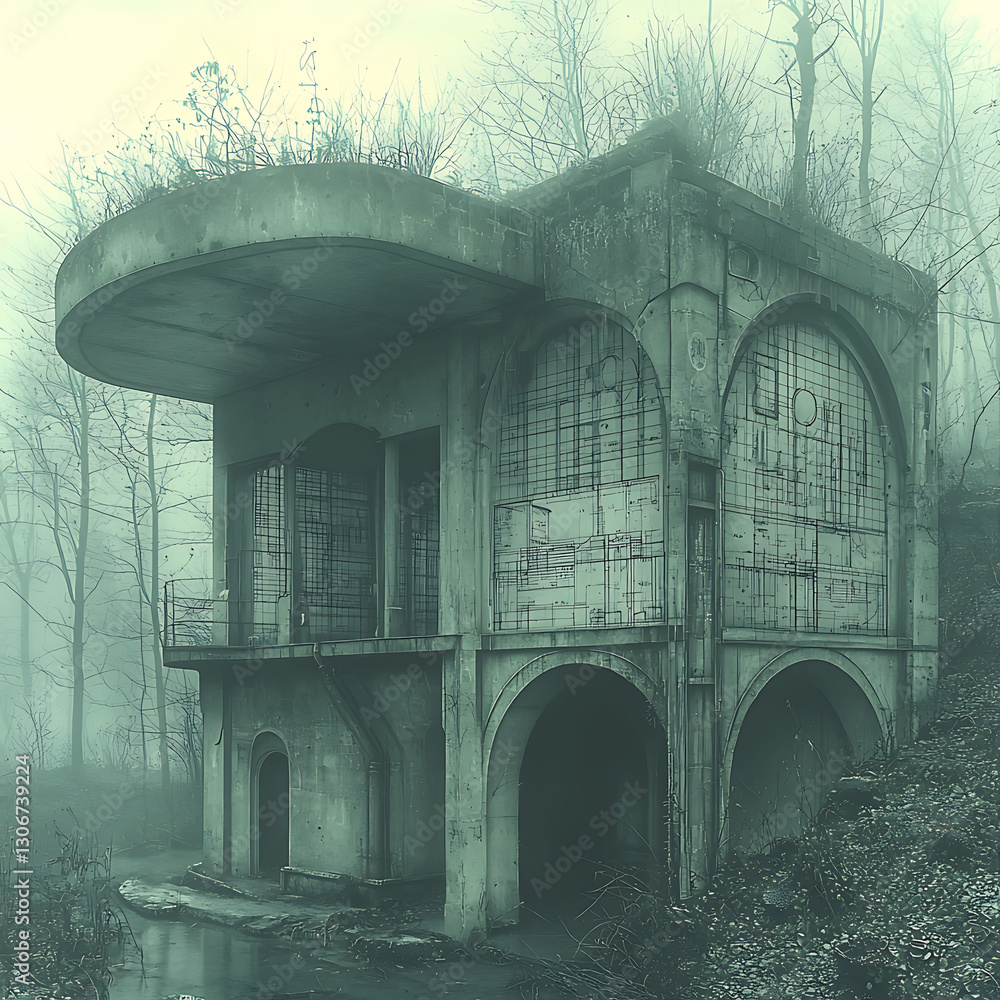 Mysterious, aged concrete structure shrouded in mist, architectural ...