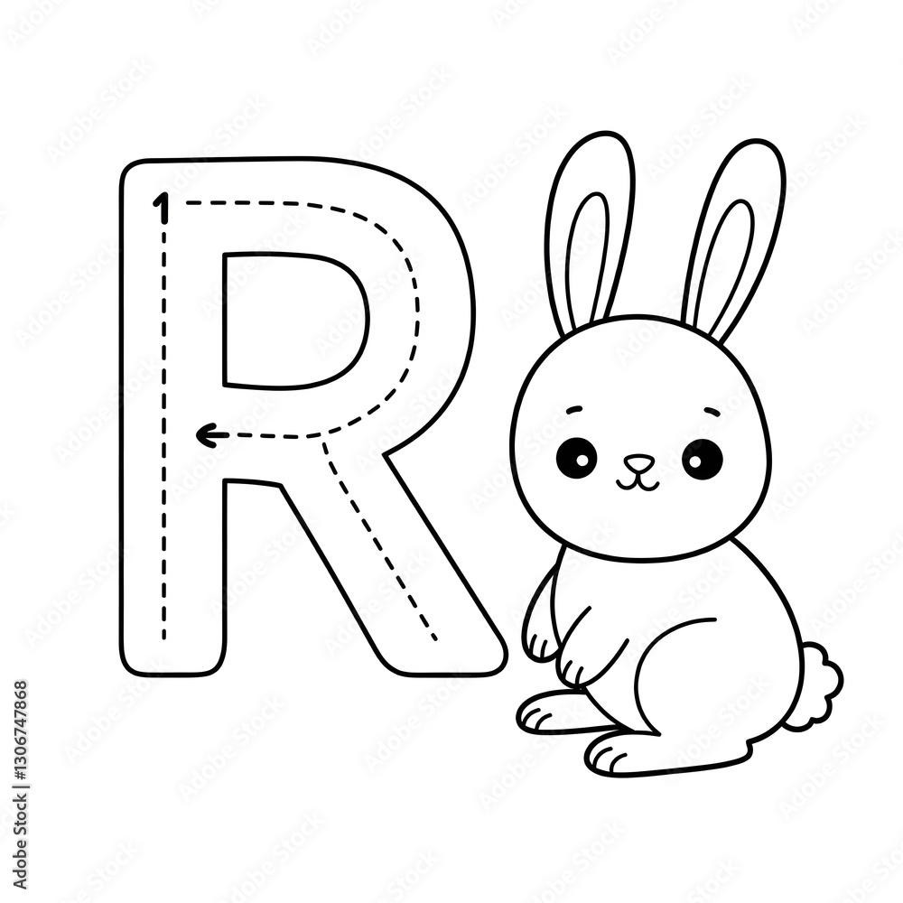 Learning english alphabet. Writing and coloring uppercase letter r with rabbit. Educational game ...