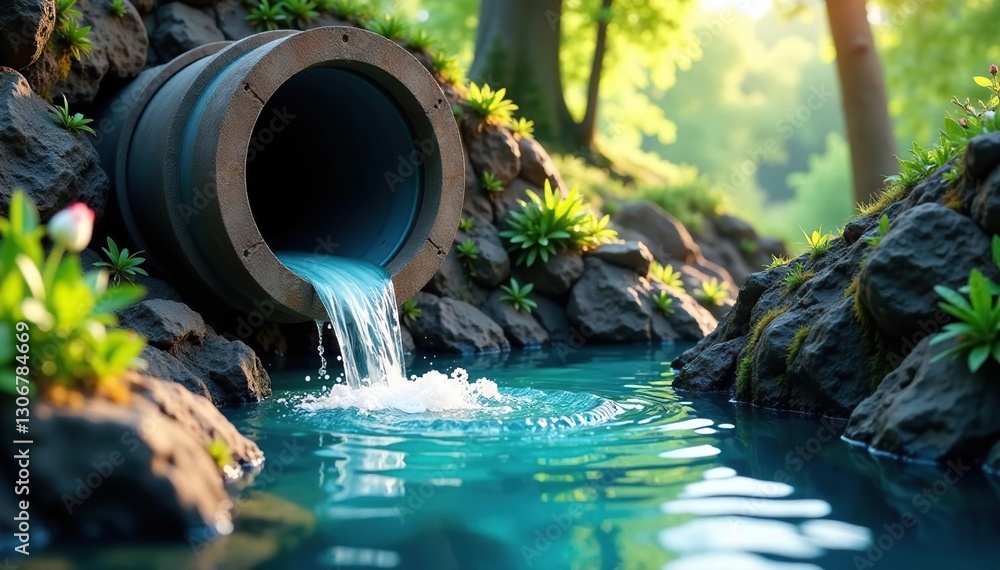 Tubewel water flowing out through a large pipe into a pool and then ...