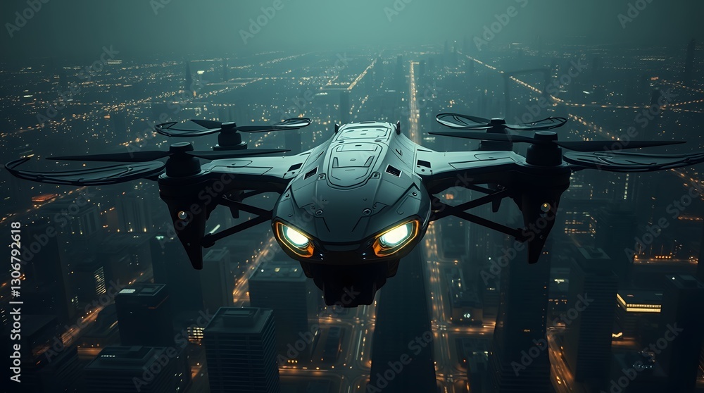 Advanced autonomous surveillance drone with glowing AI-powered lights ...