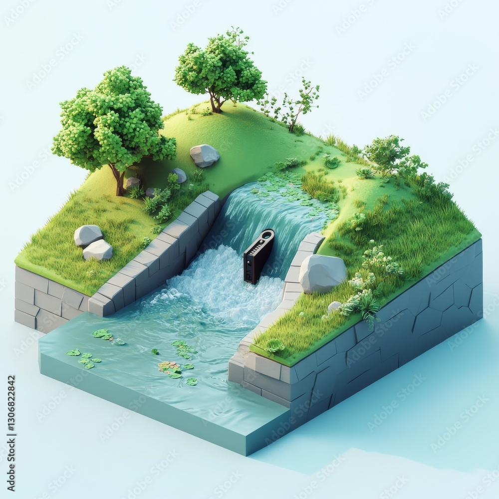 Isometric Diorama of a Natural Landscape with a Waterfall and an ...