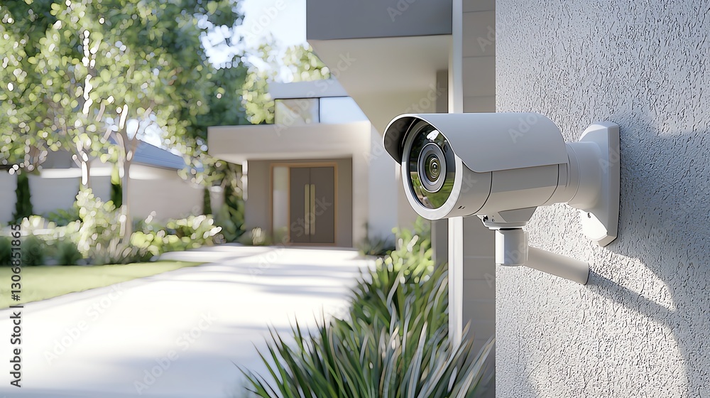 Outdoor security camera installed on house exterior, monitoring home ...